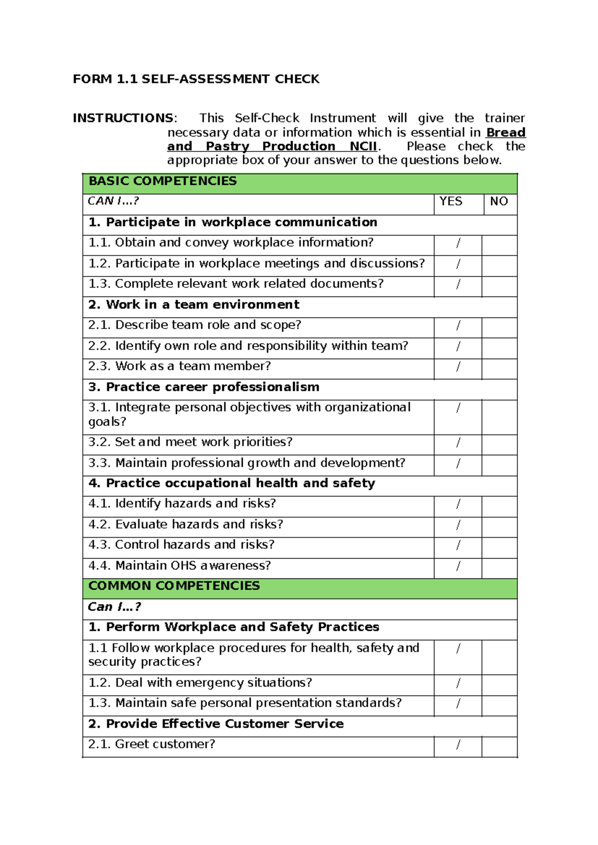 Bread and Pastry Production NCII: Self-Assessment Checklist - Studocu
