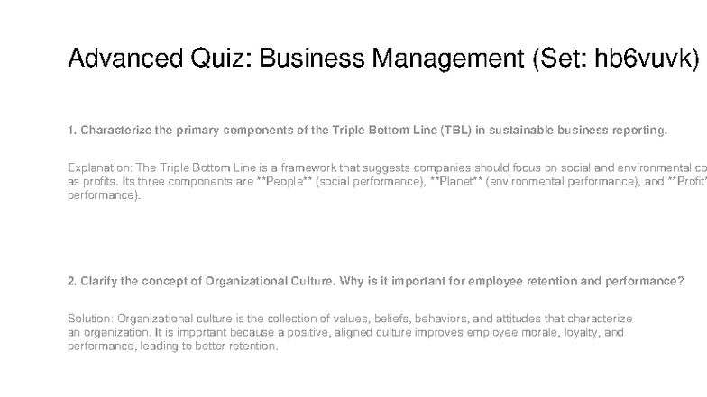 Advanced Quiz Solutions: Business Management (hb6vuvk) - Studocu