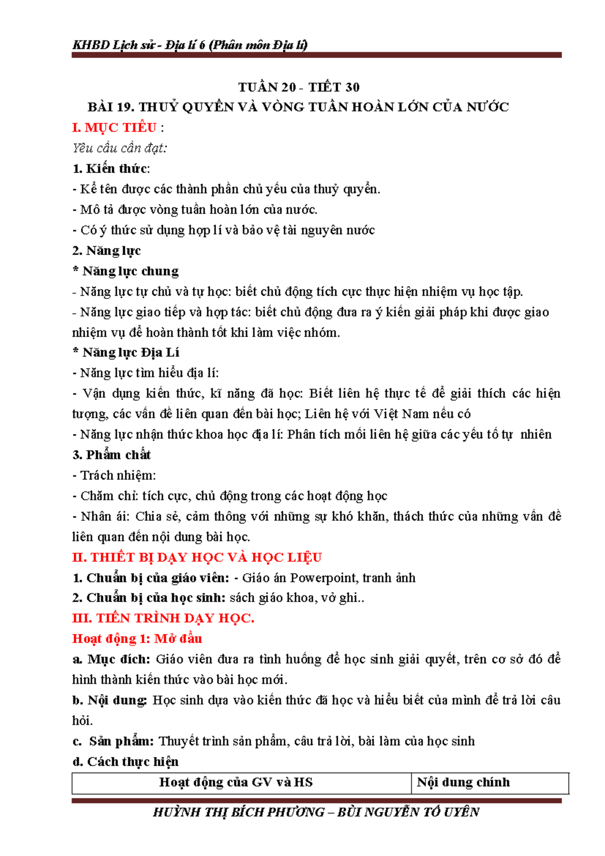 KHBD Lịch sử Địa lí 6: Bài 19 - Thủy Quyển và Vòng Tuần Hoàn Nước - Studocu