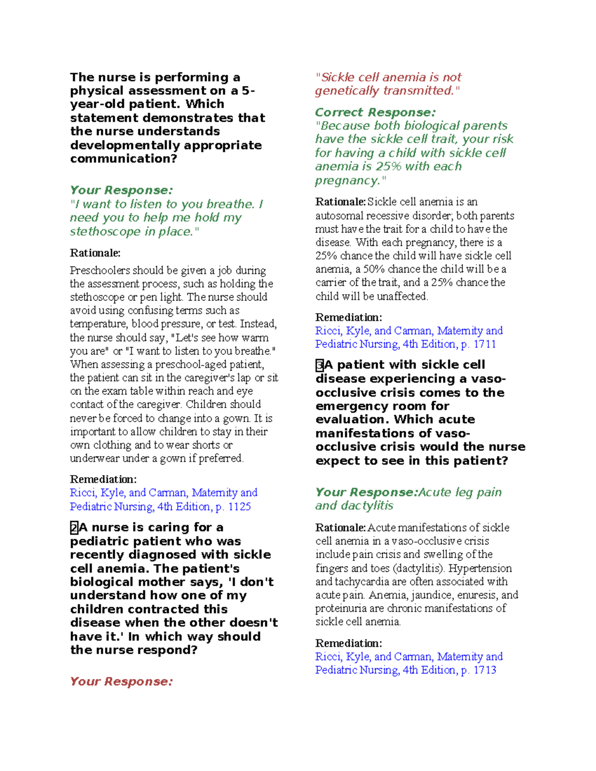 Vsim 4 Pretest: Pediatric Nursing Concepts & Sickle Cell Anemia ...