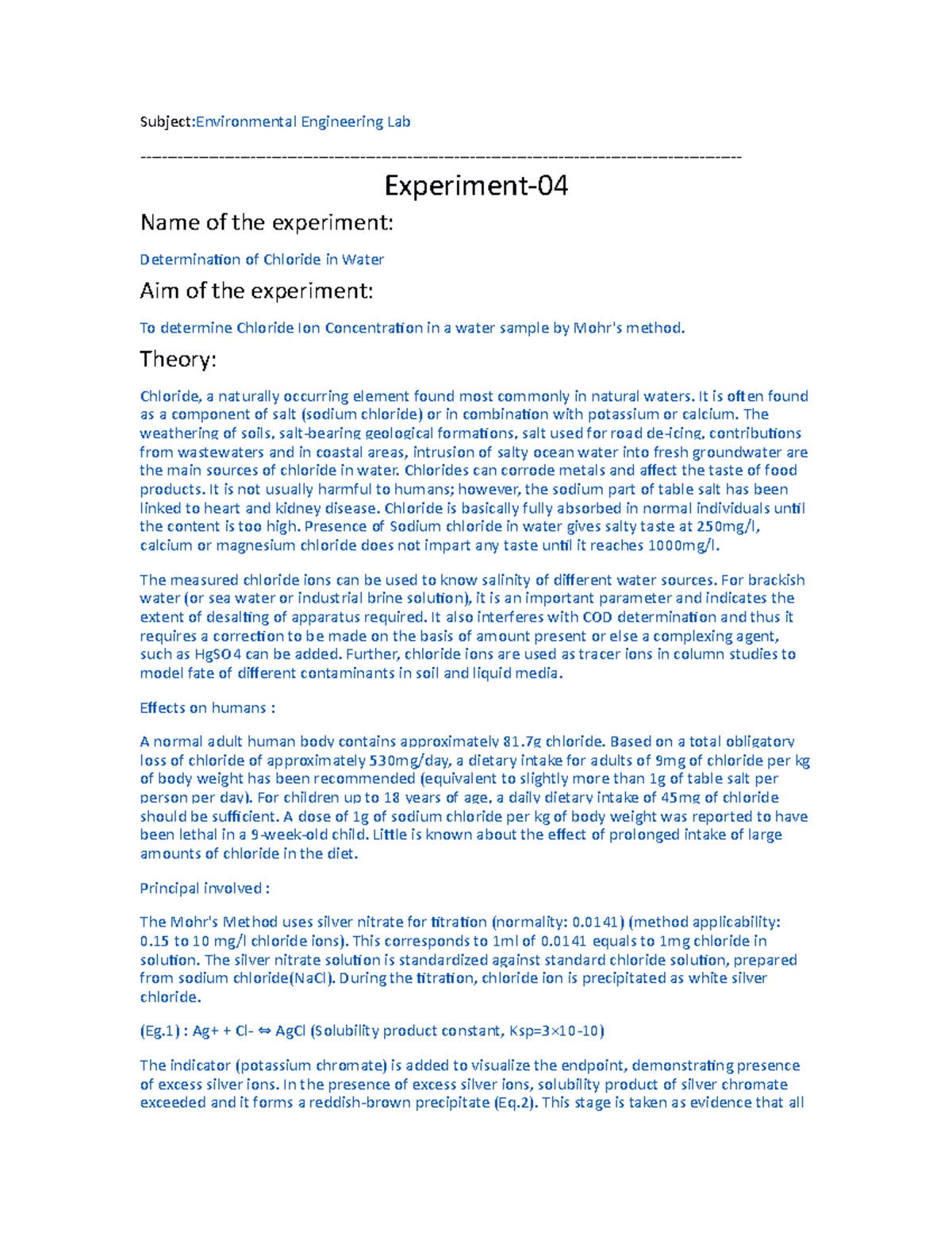 Experiment 1 (Determination of TS, TDS and TSS in Water) - Subject ...