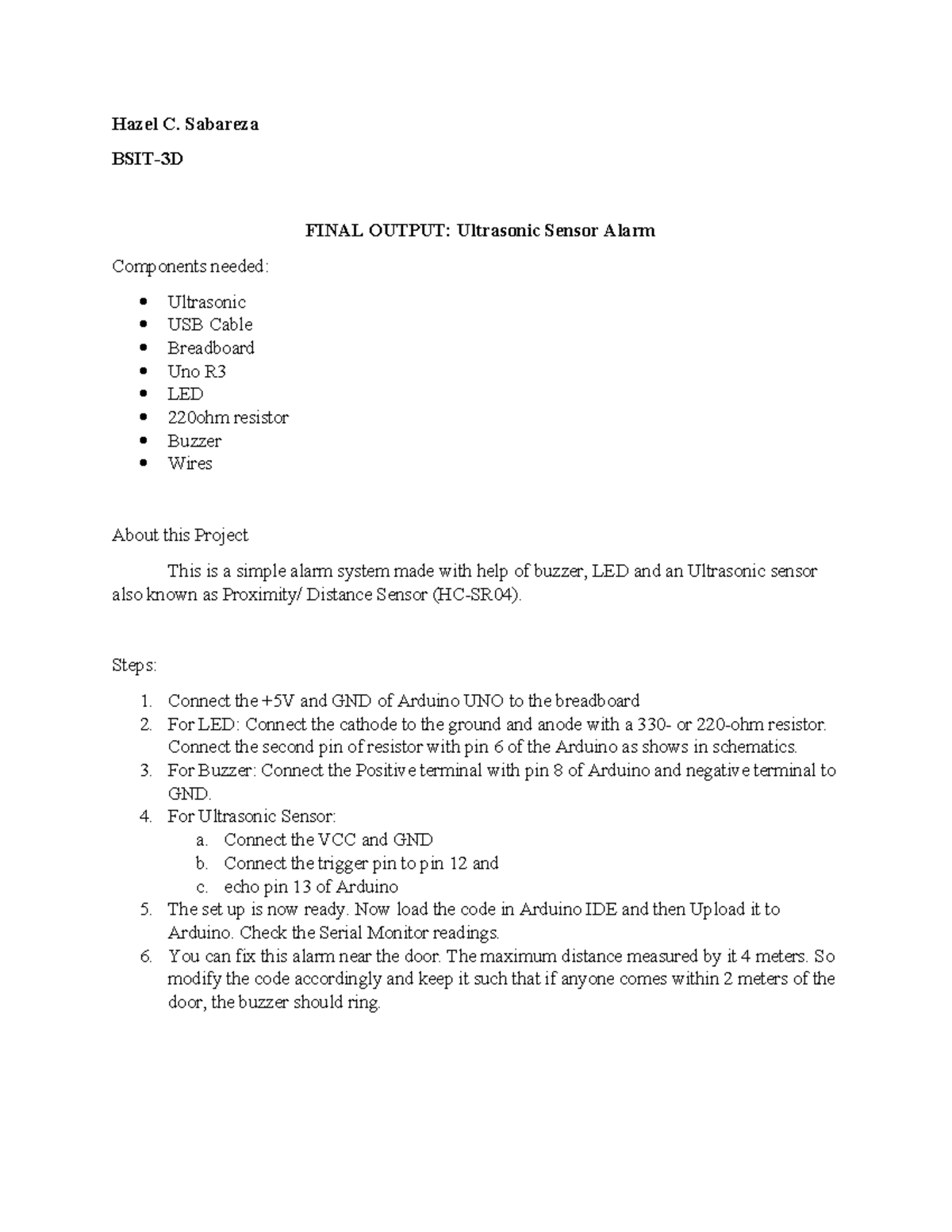 BSIT-3D Final Output: Ultrasonic Sensor Alarm System Instructions - Studocu
