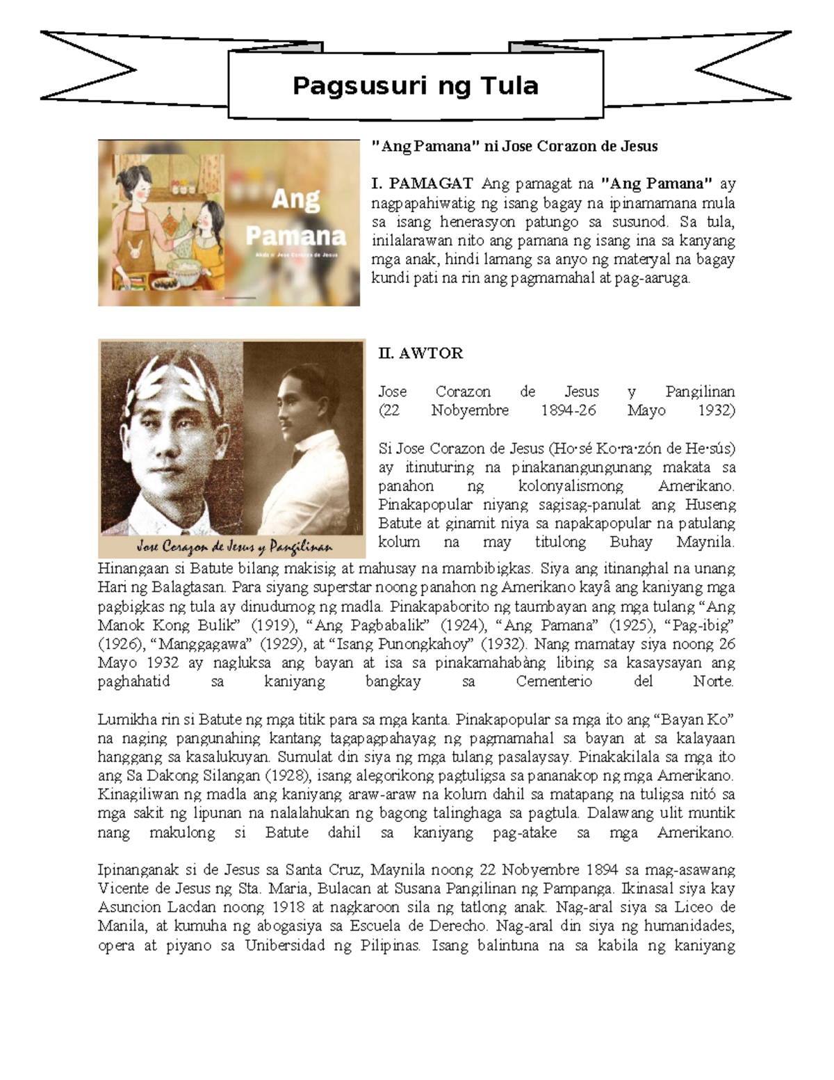 Ang Pamana: Pagsusuri ng Tula ni Jose Corazon de Jesus - Studocu