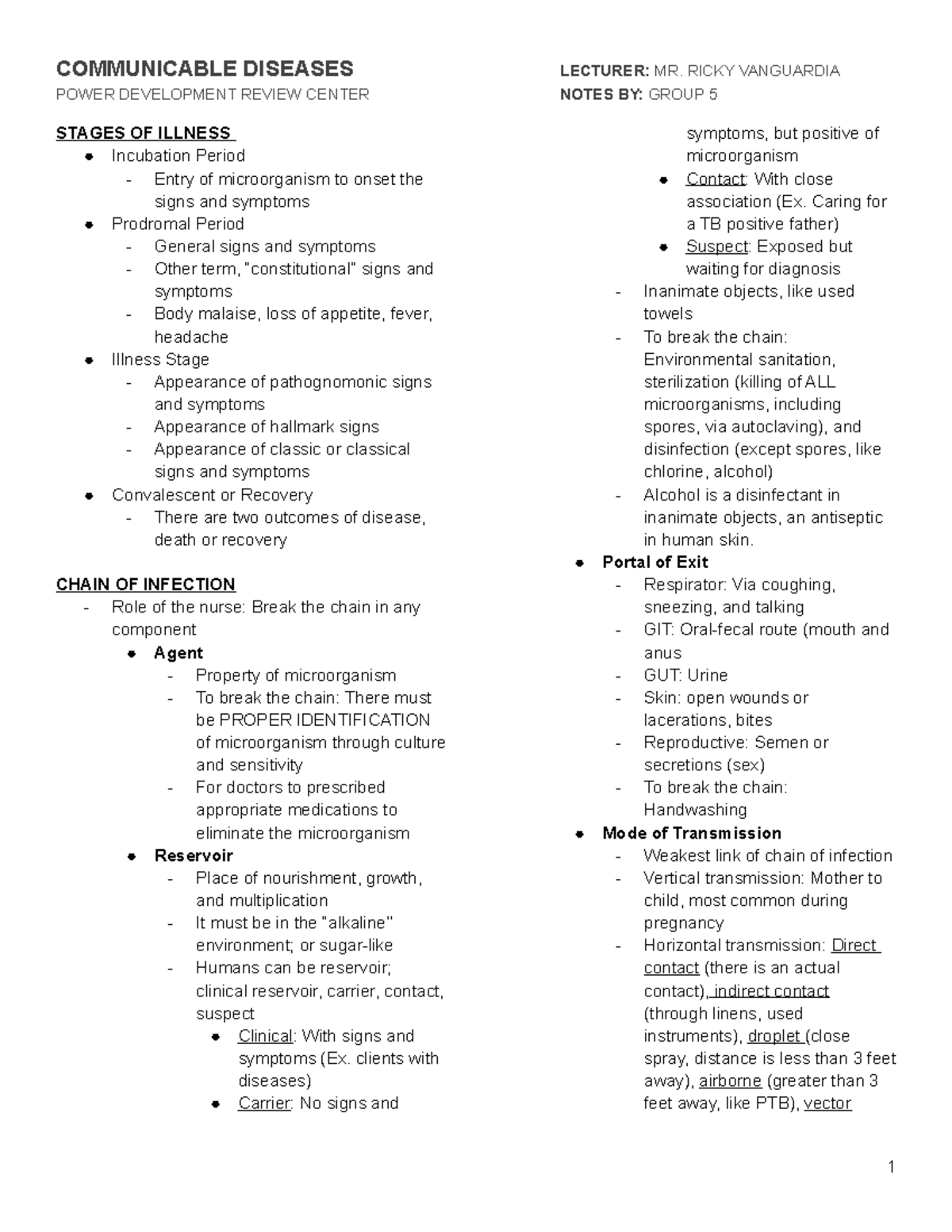 Communicable Disease - lecture notes - POWER DEVELOPMENT REVIEW CENTER ...