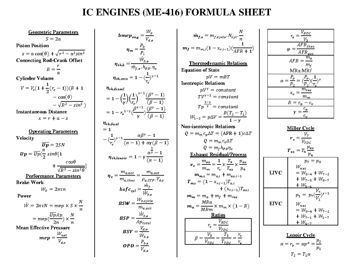 IC Engines Midterm Formula Sheet (ME-416) for Exam Preparation - Studocu