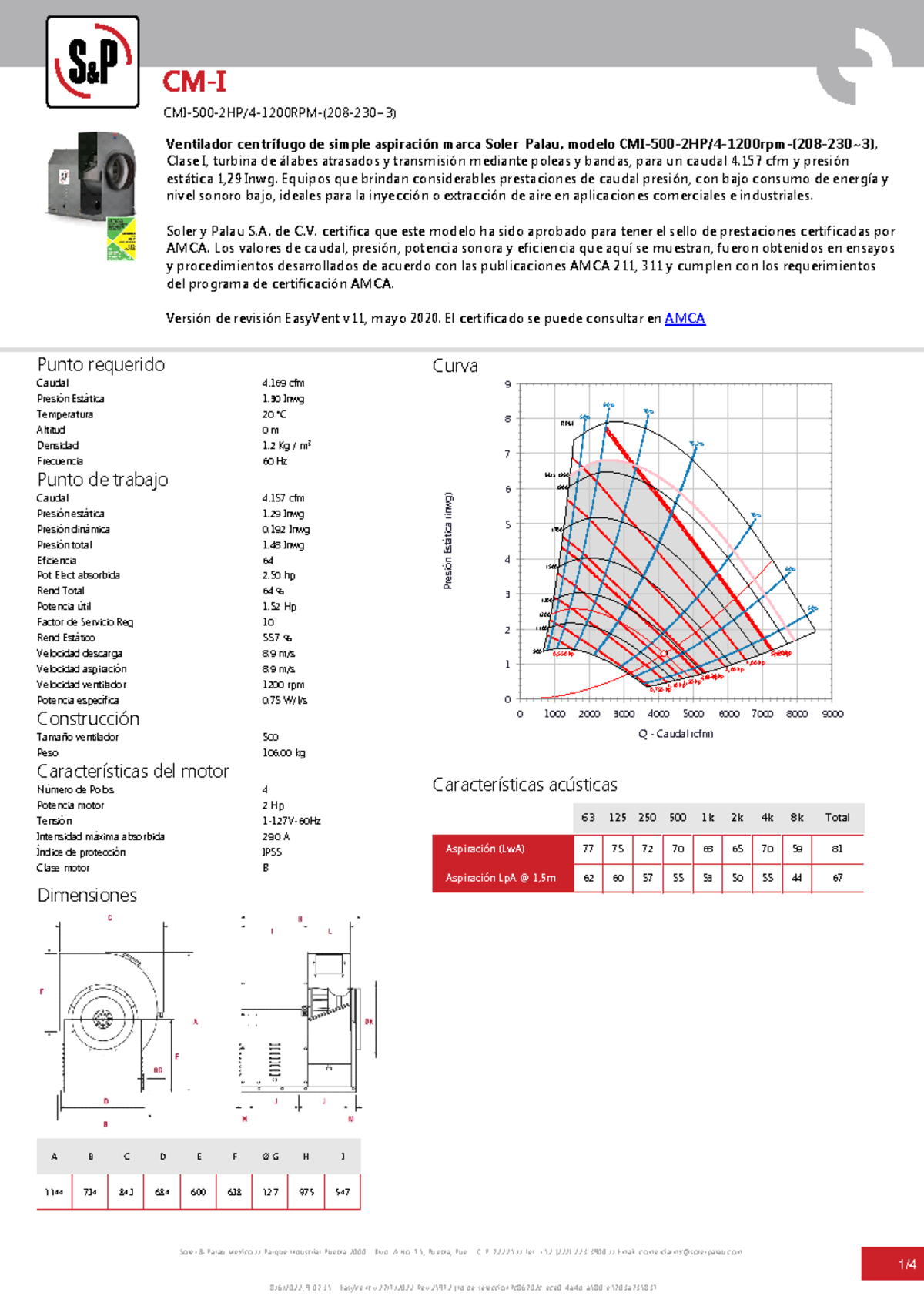 CMI-500-2HP/4 Centrifugal Fan Specs & Performance Overview - Studocu