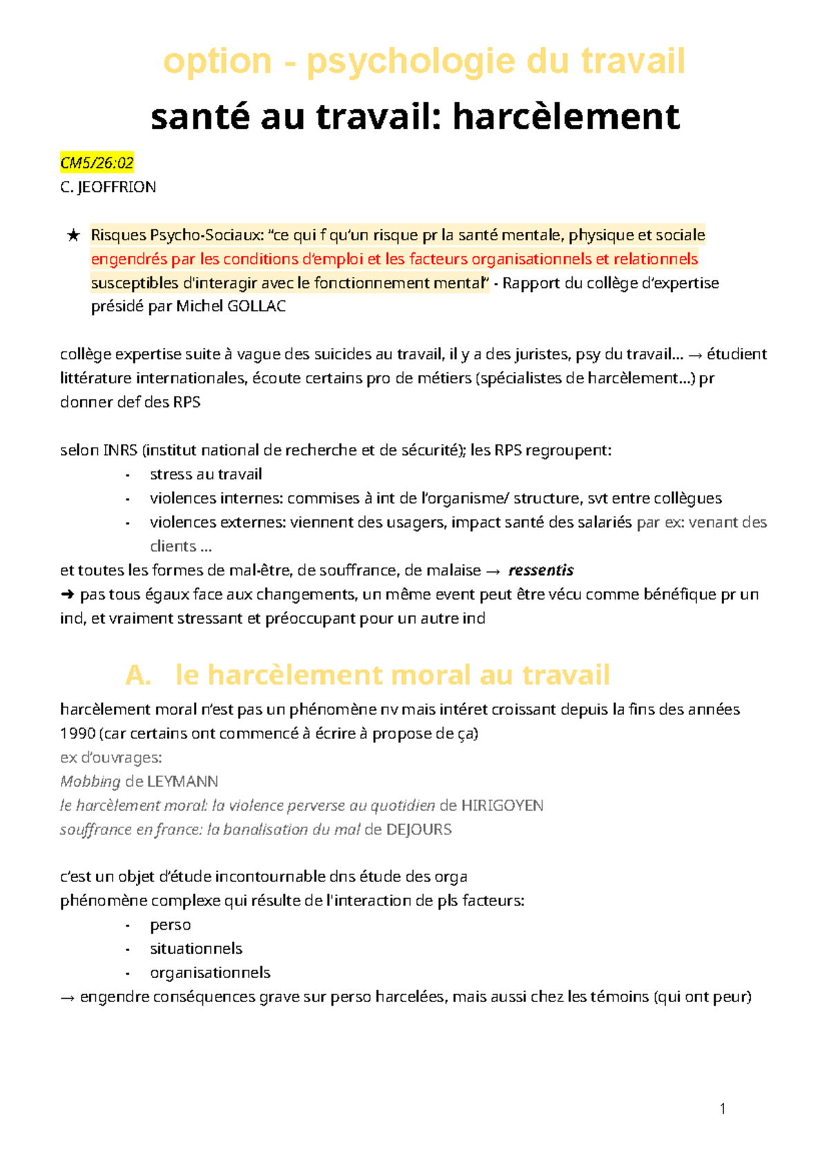 UE6 - Harcèlement Moral au Travail : Risques Psychologiques et ...