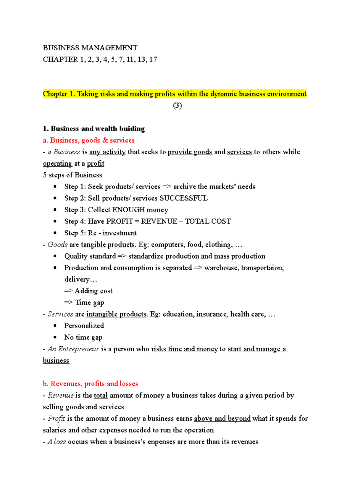 BUSINESS MANAGEMENT CHAPTERS 1-5, 7, 11, 13, 17 OVERVIEW - Studocu