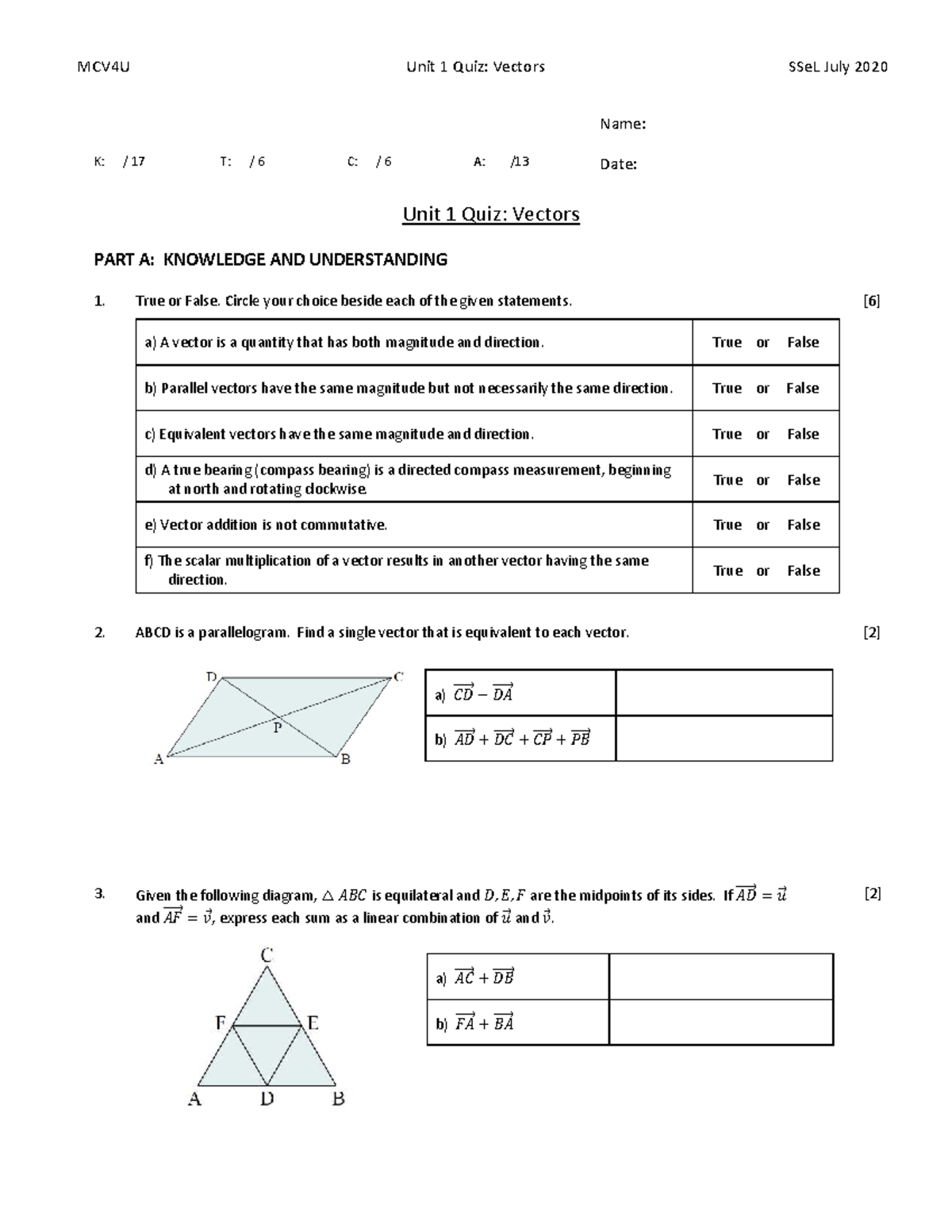 MCV4U Unit 1 Quiz: Vectors - Grade 12 Calculus Example - Studocu