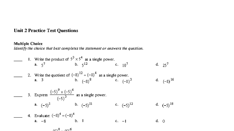 Grade 9 Unit 2 Practice Test Questions on Exponent Laws - Studocu