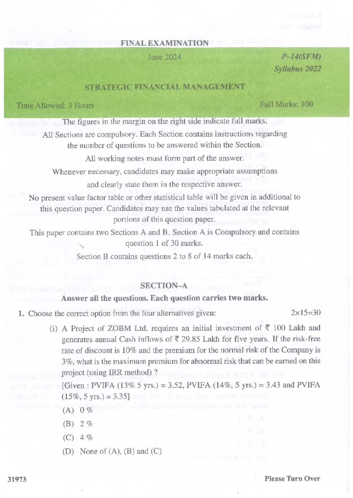 JUNE 2024 SFM - Final Exam Question Paper with Syllabus 2022 - Studocu