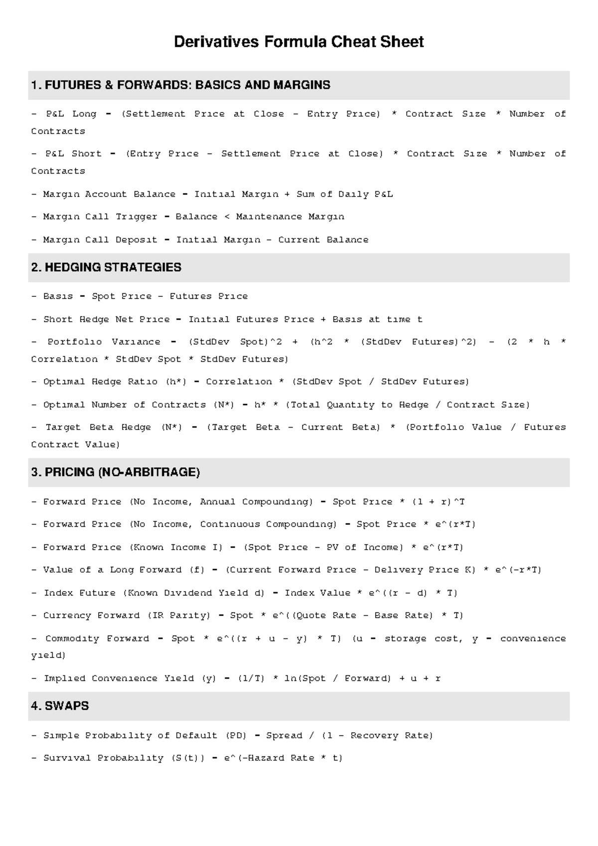Derivatives Formula Cheat Sheet: Futures, Forwards, and Swaps - Studocu