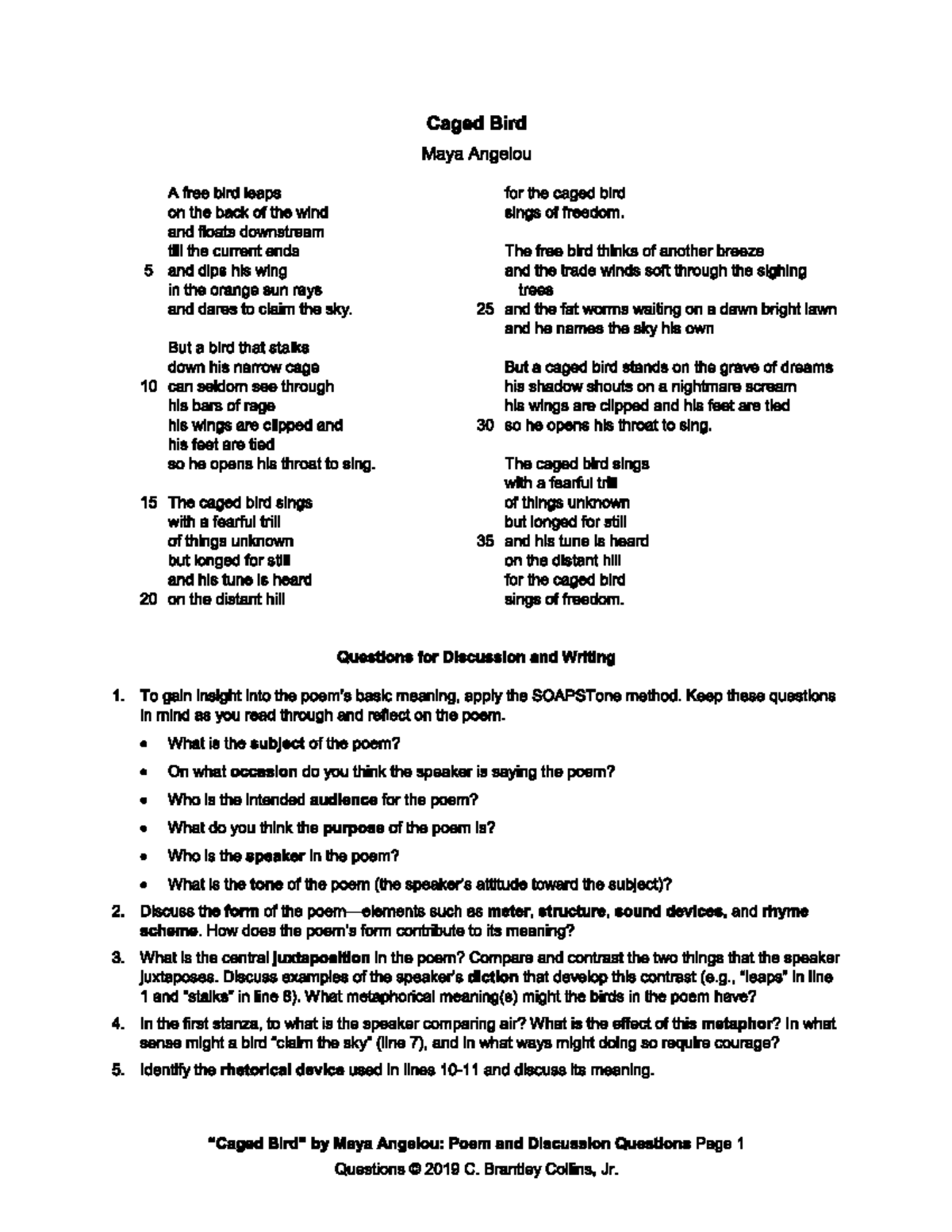 Caged Bird by Maya Angelou: Analysis & Discussion Questions - Studocu