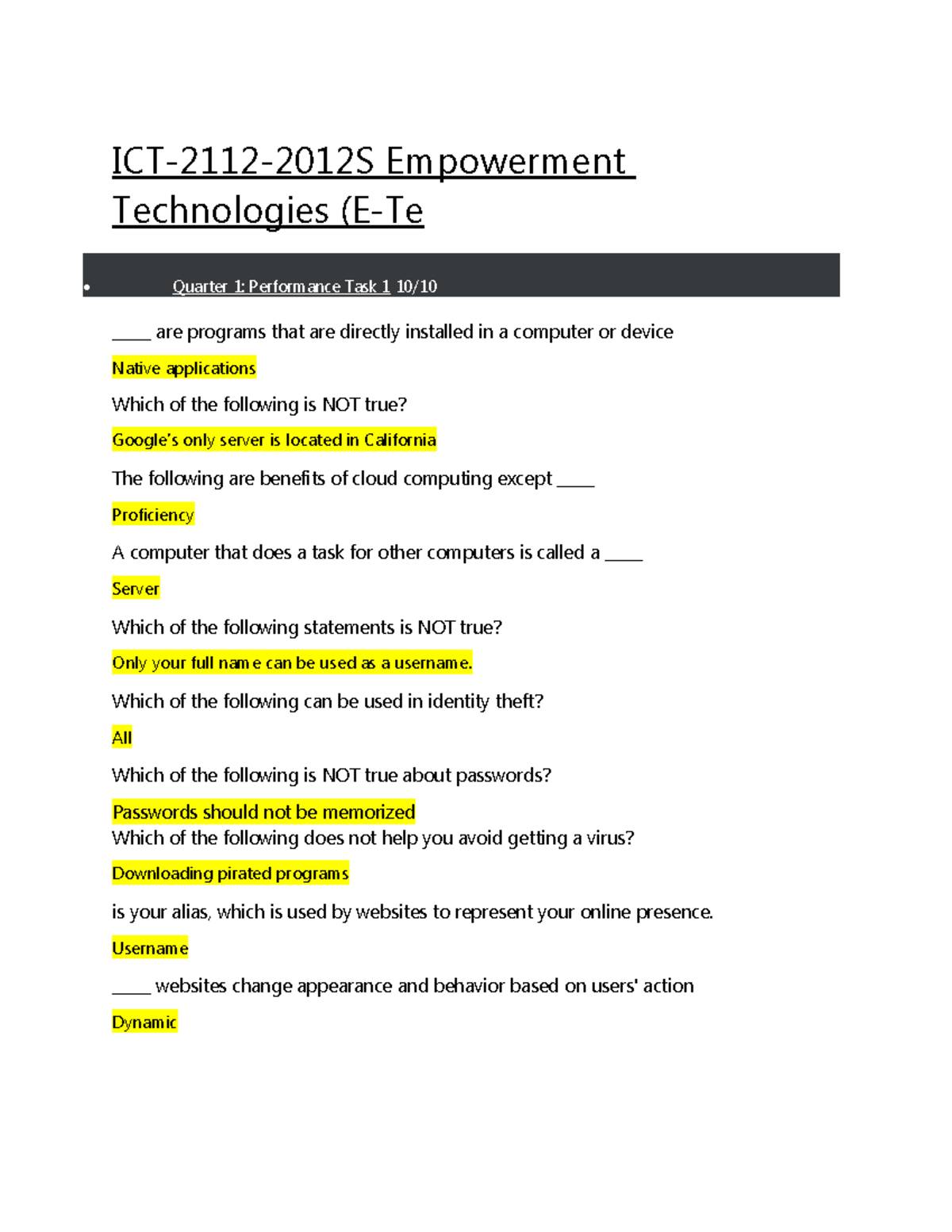 ICT 112: Empowerment Technologies Q1 Performance Tasks & Written Works ...