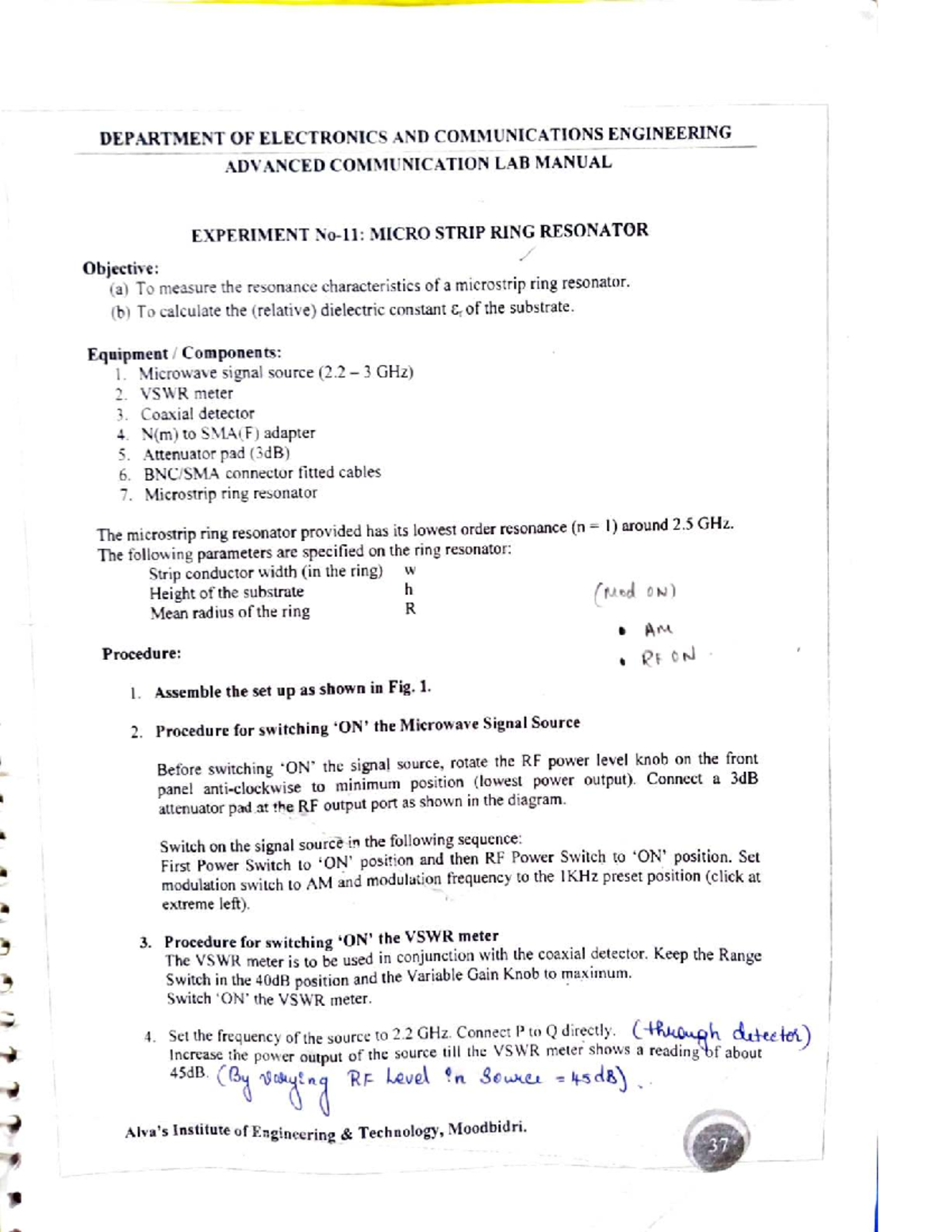 Advanced Communication Lab Manual: Microstrip Ring Resonator & Coupler ...