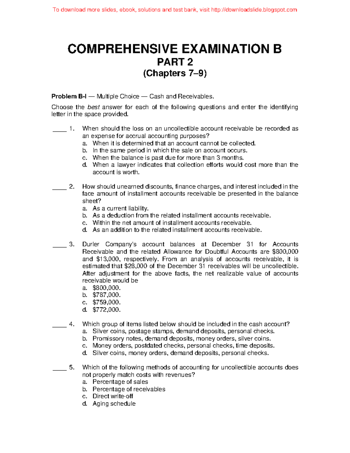 Comprehensive Exam B - Test Bank Solutions for Chapters 7–9 - Studocu