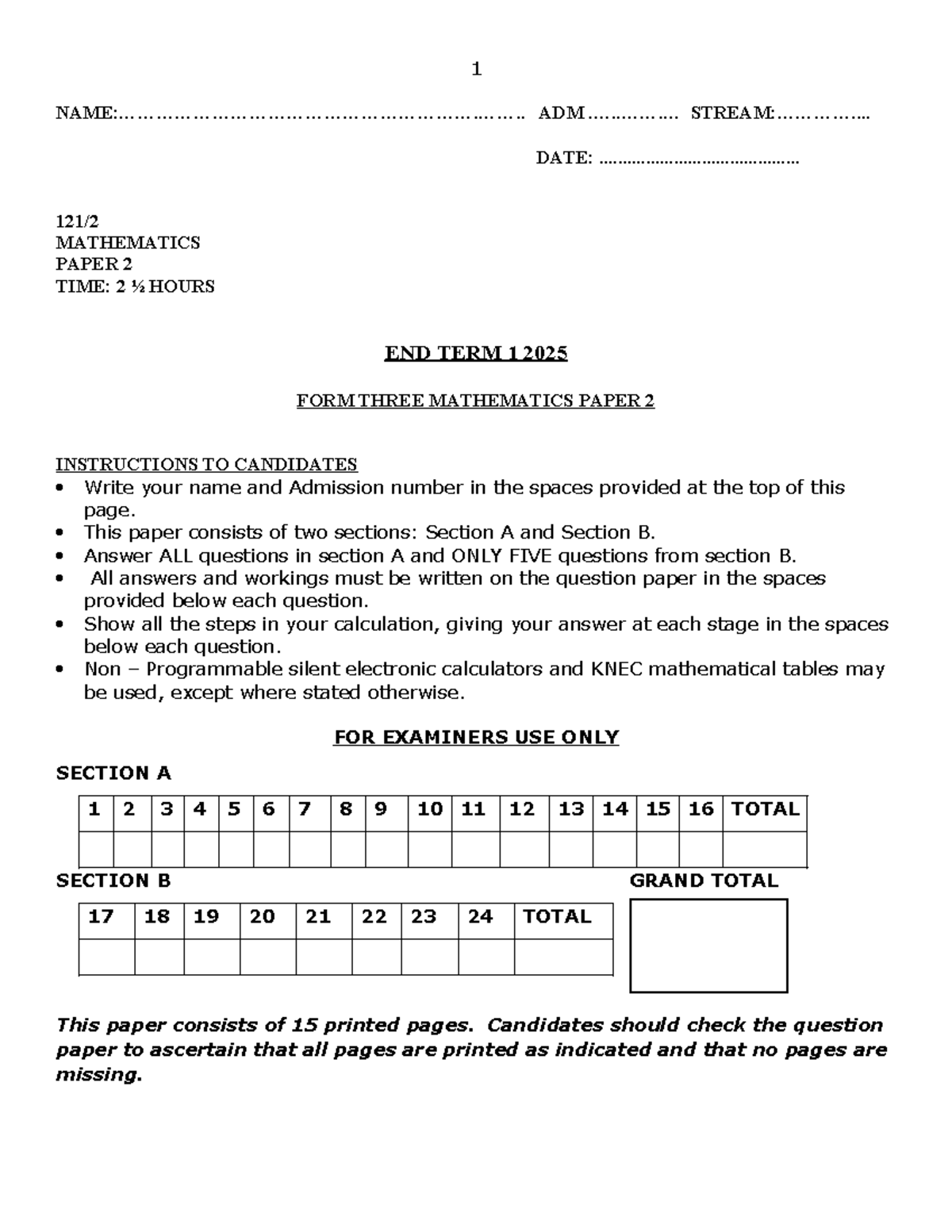 Final Exam: Form Three Mathematics Paper 2 (ADM 2025) - Studocu