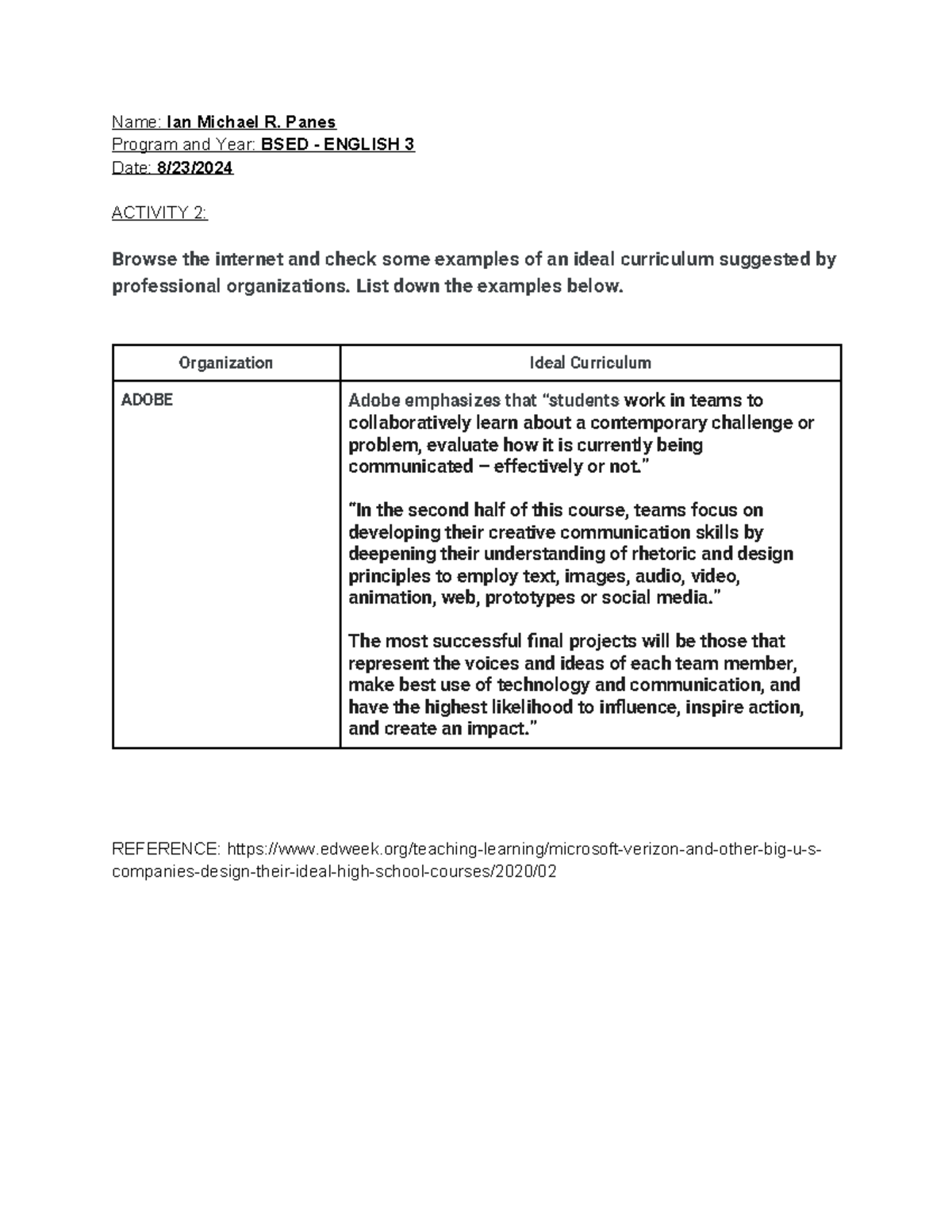 ACT. 2 By Ian - Ideal Curriculum examples - Name: Ian Michael R. Panes ...