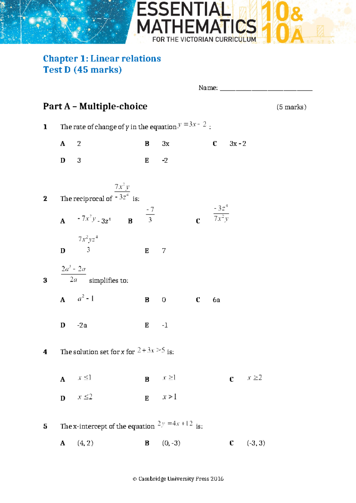 Chapter Test 01D: Linear Relations Practice Test (45 Marks) - Studocu