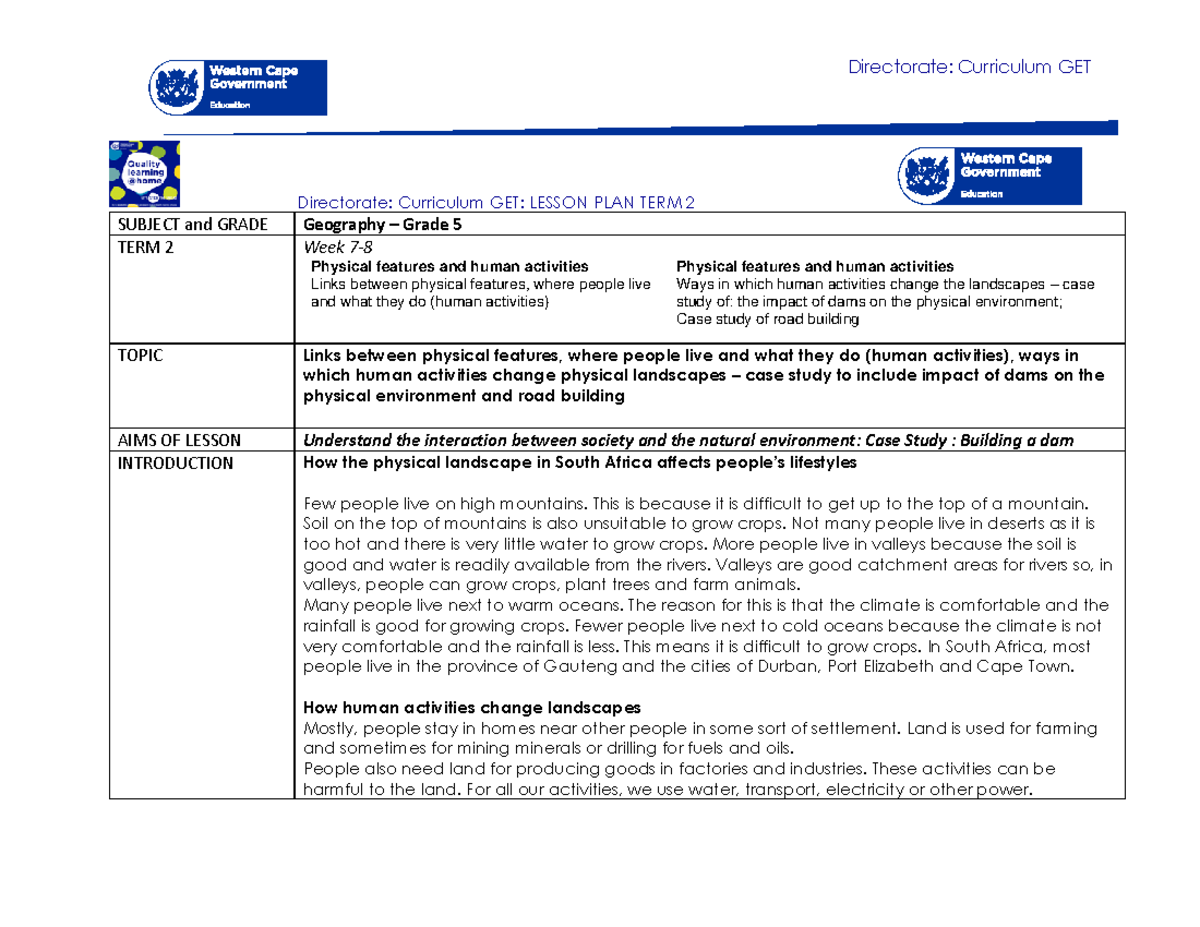 Grade 5 Geography Lesson Plan: Impact of Dams & Human Activities T2 W7 ...