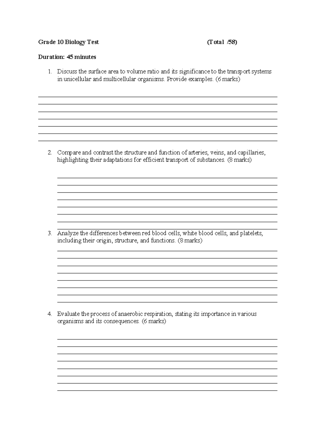 Grade 10 Biology Test - Practice for Exam (Total /58) - Studocu
