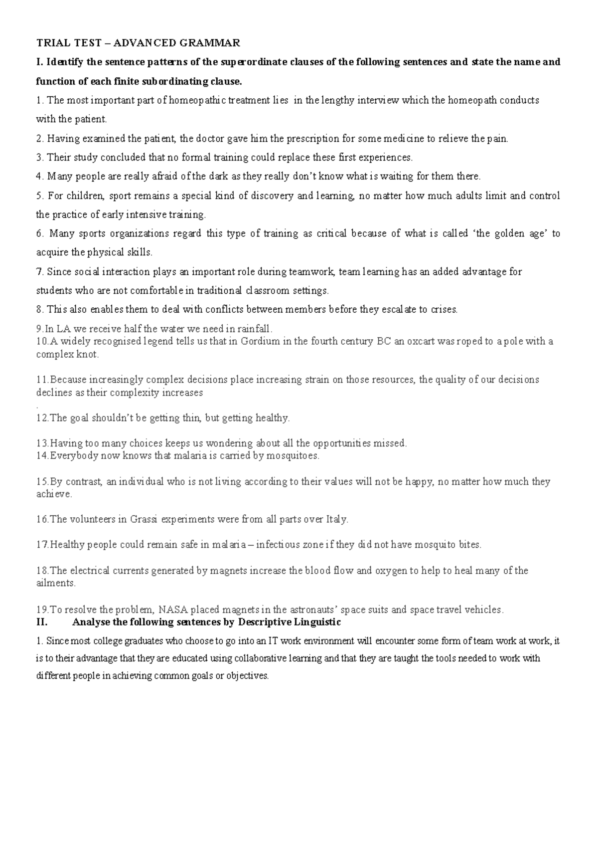 Sample Test 8 - Advanced Grammar I: Clause Analysis and Functions - Studocu