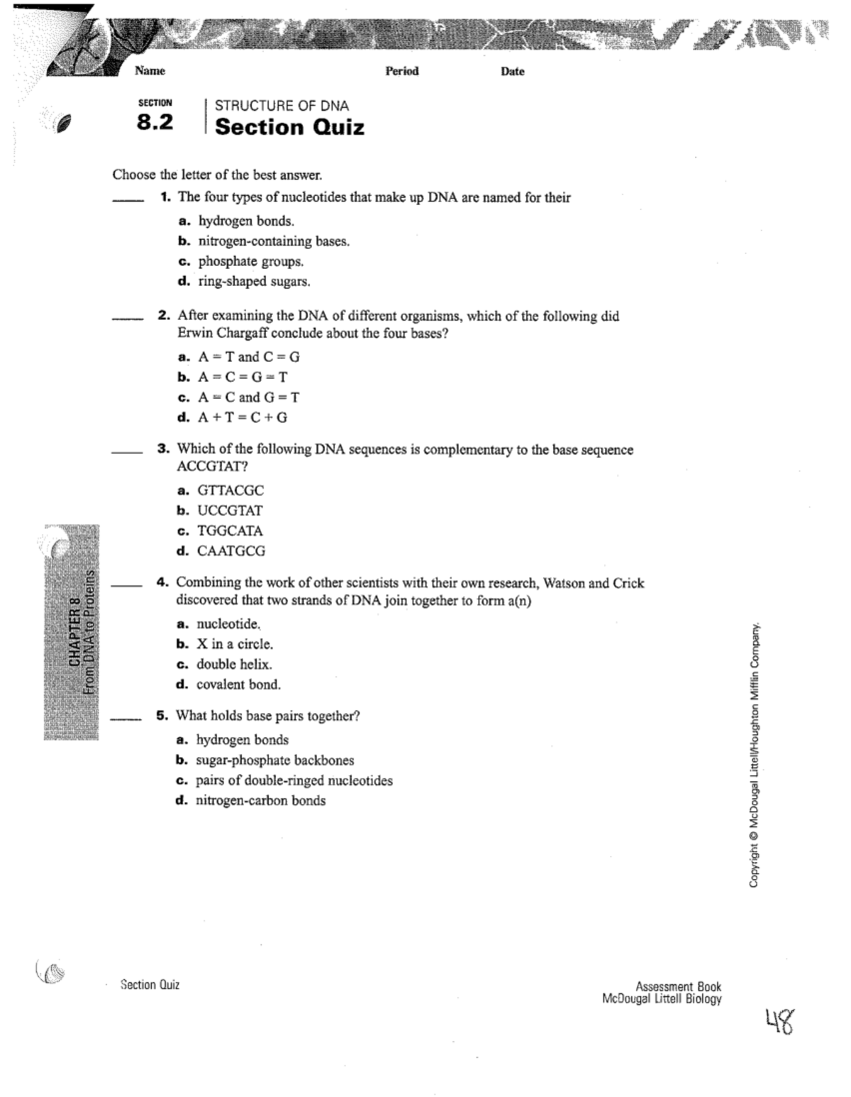 BIO 8.2 - Structure of DNA Section Quiz Answers - Studocu