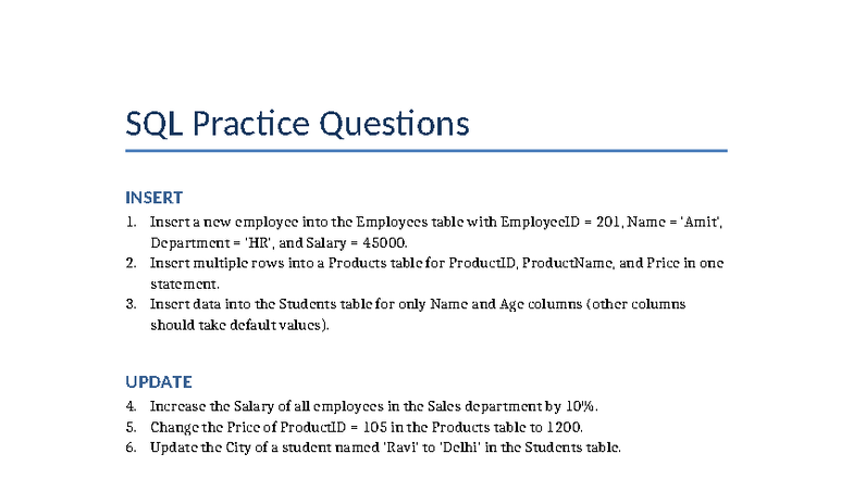SQL Practice Questions (SQL101) - Insert, Update, Delete, Select - Studocu