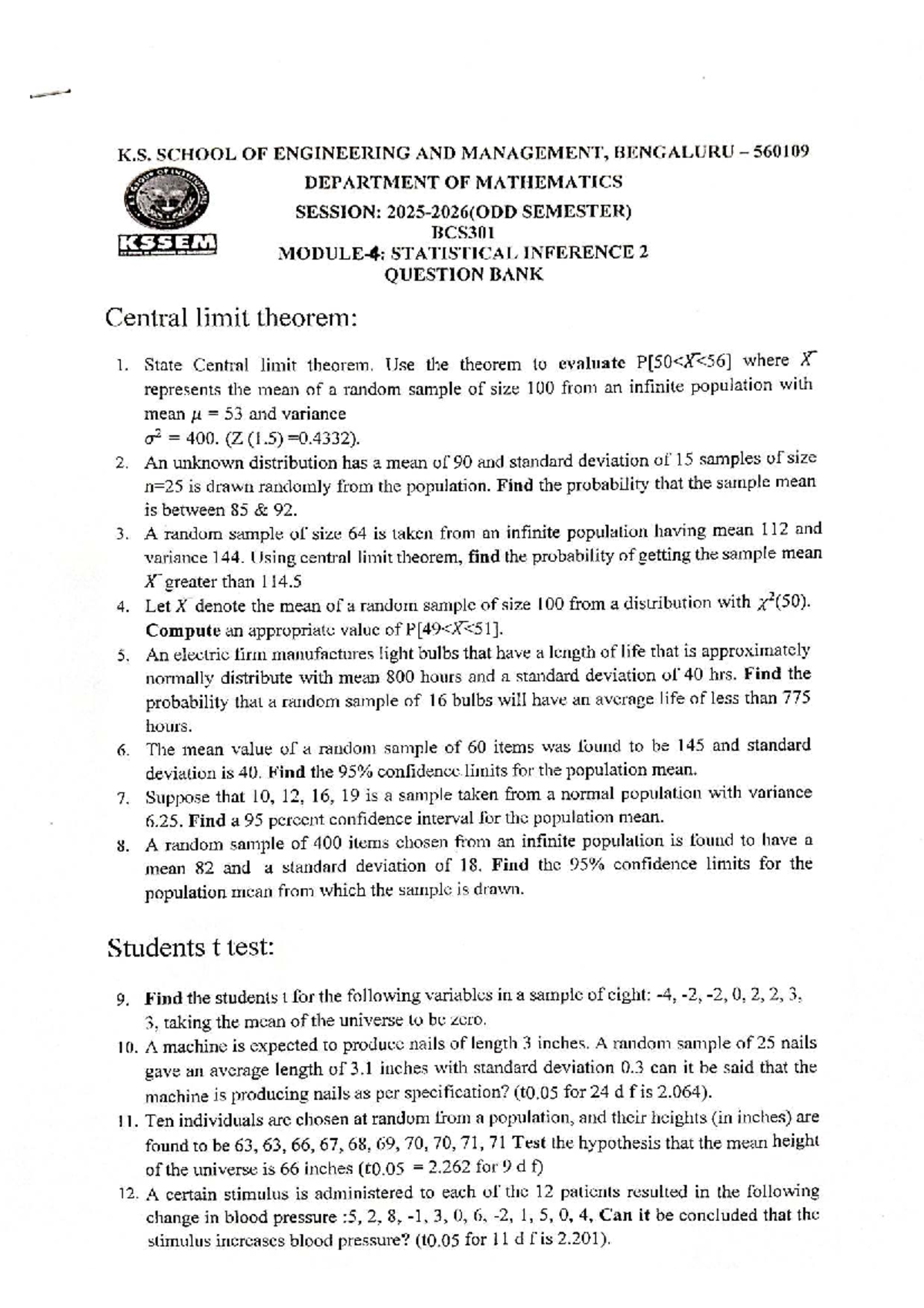 BCS301 Statistical Inference Question Bank - Central Limit Theorem & t ...
