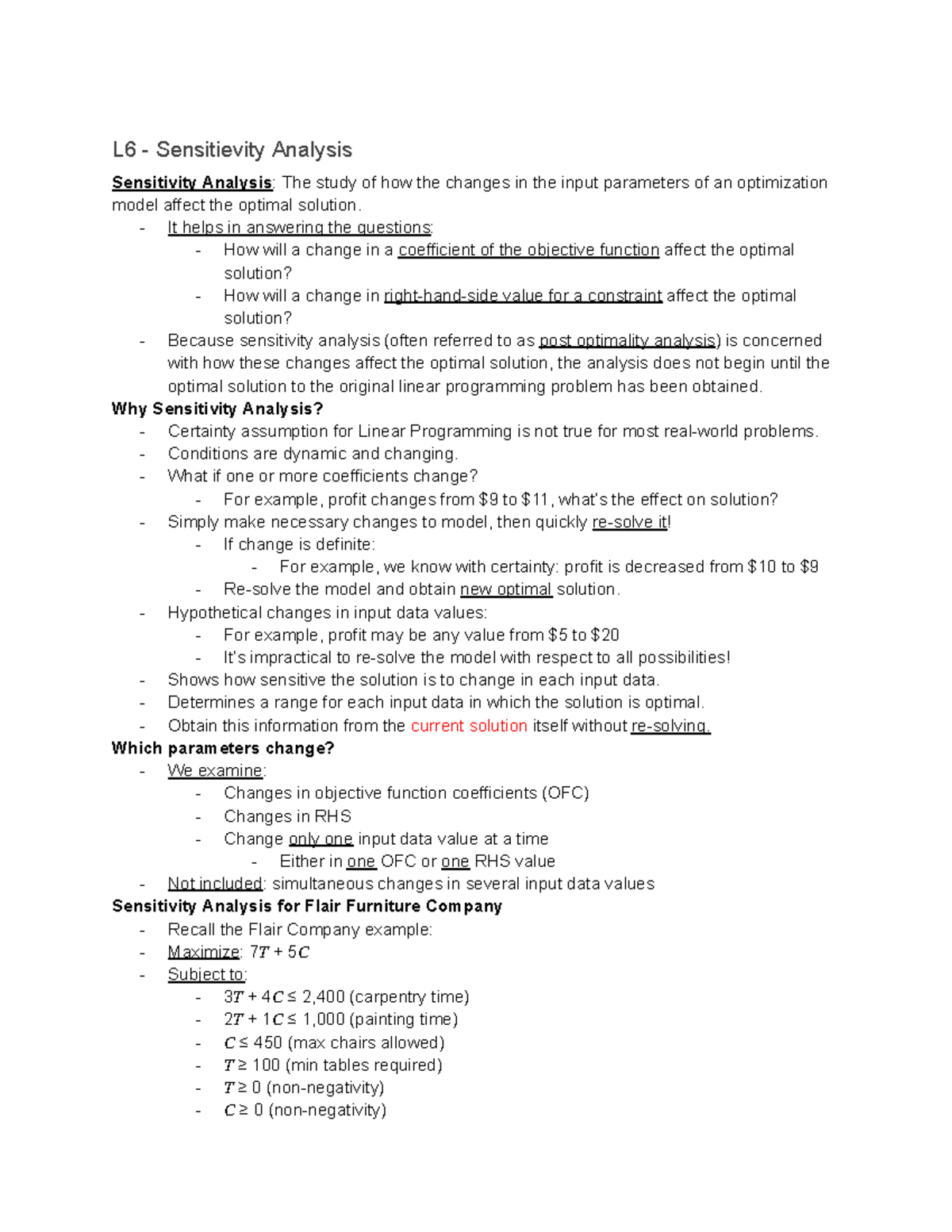 2DA3 Final Exam Lecture Notes: Sensitivity & Decision Analysis - Studocu
