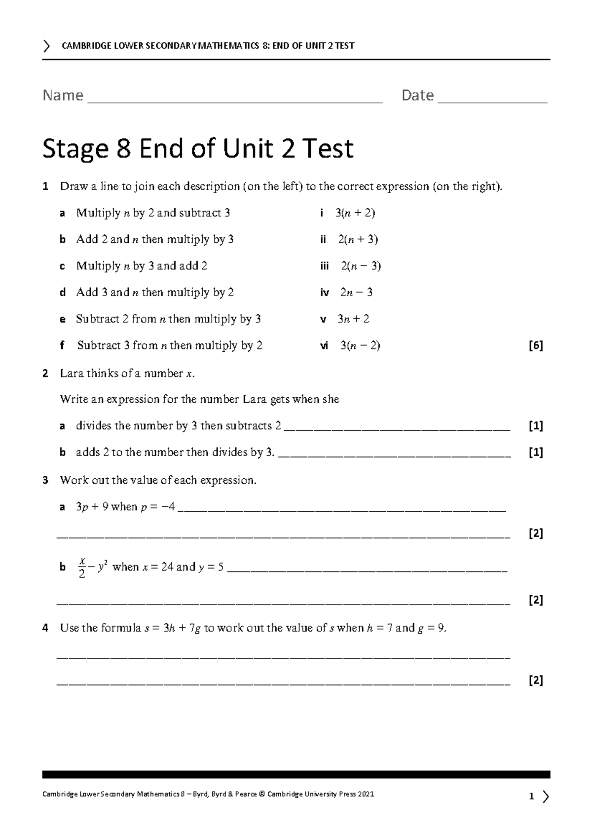 656880206 Stage 8 End of Unit 2 Mathematics Test - Studocu