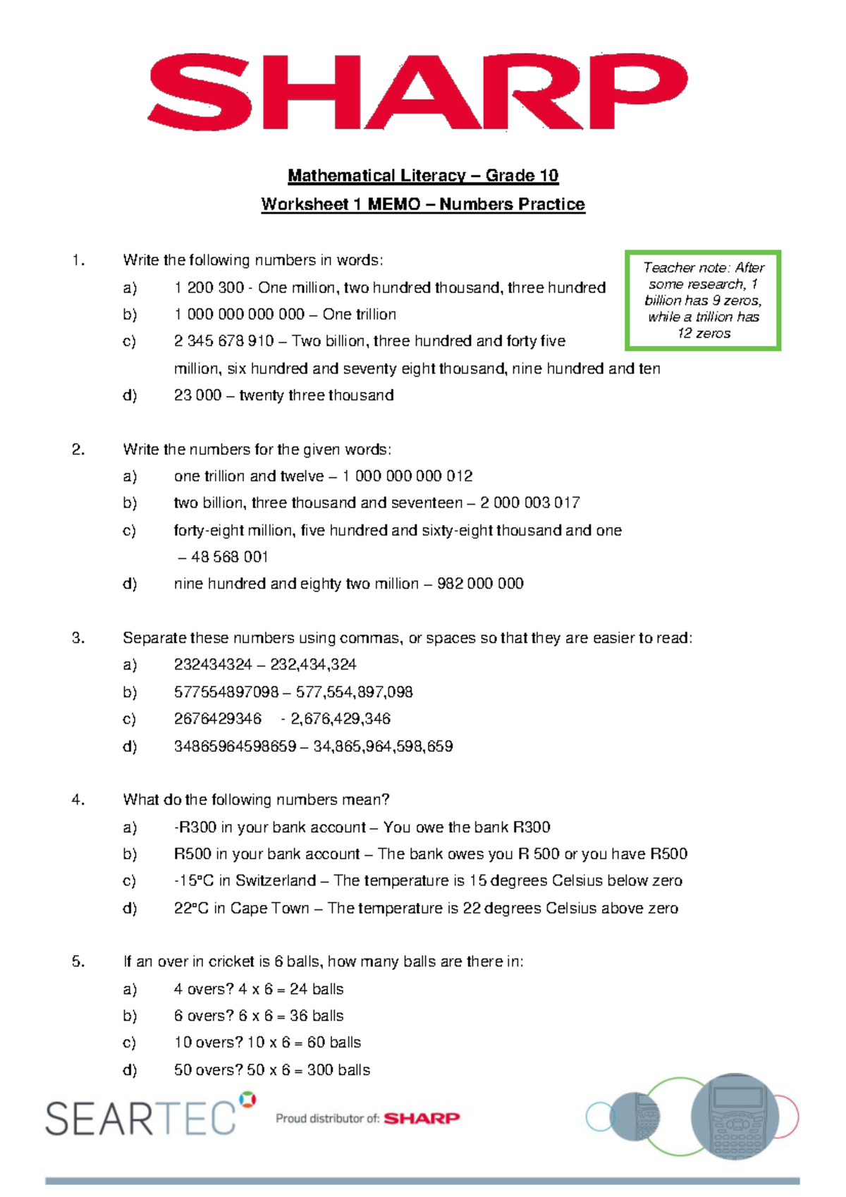 Grade 10 Math Lit Worksheet 1 MEMO: Numbers Practice Solutions - Studocu