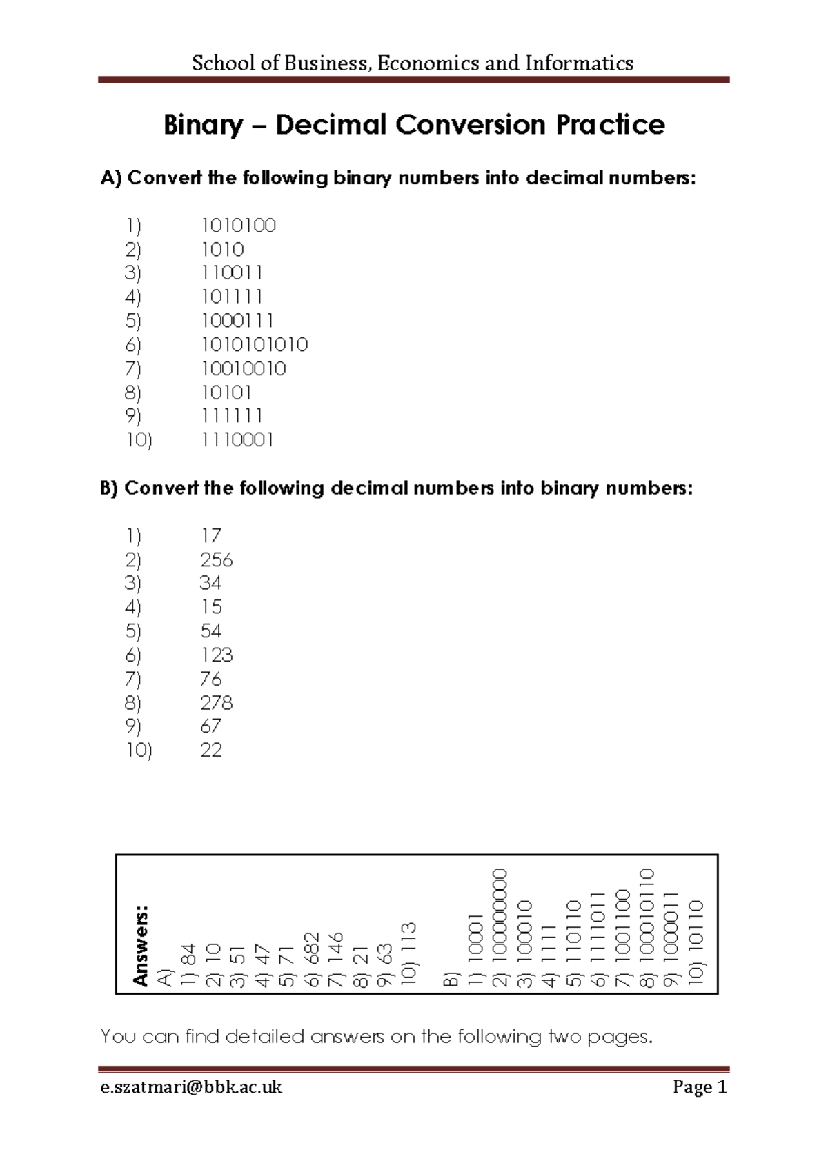 Binary - Decimal Conversion Practice - Page 1 School of Business, Economics and Informatics ...