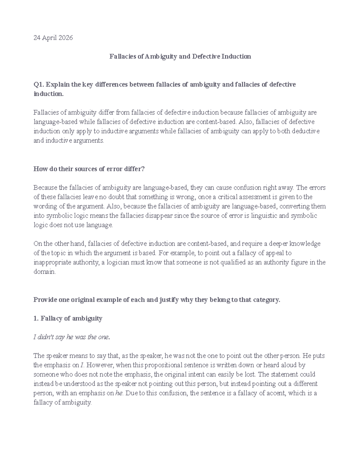 Fallacies of Ambiguity vs. Defective Induction: Key Differences - Studocu