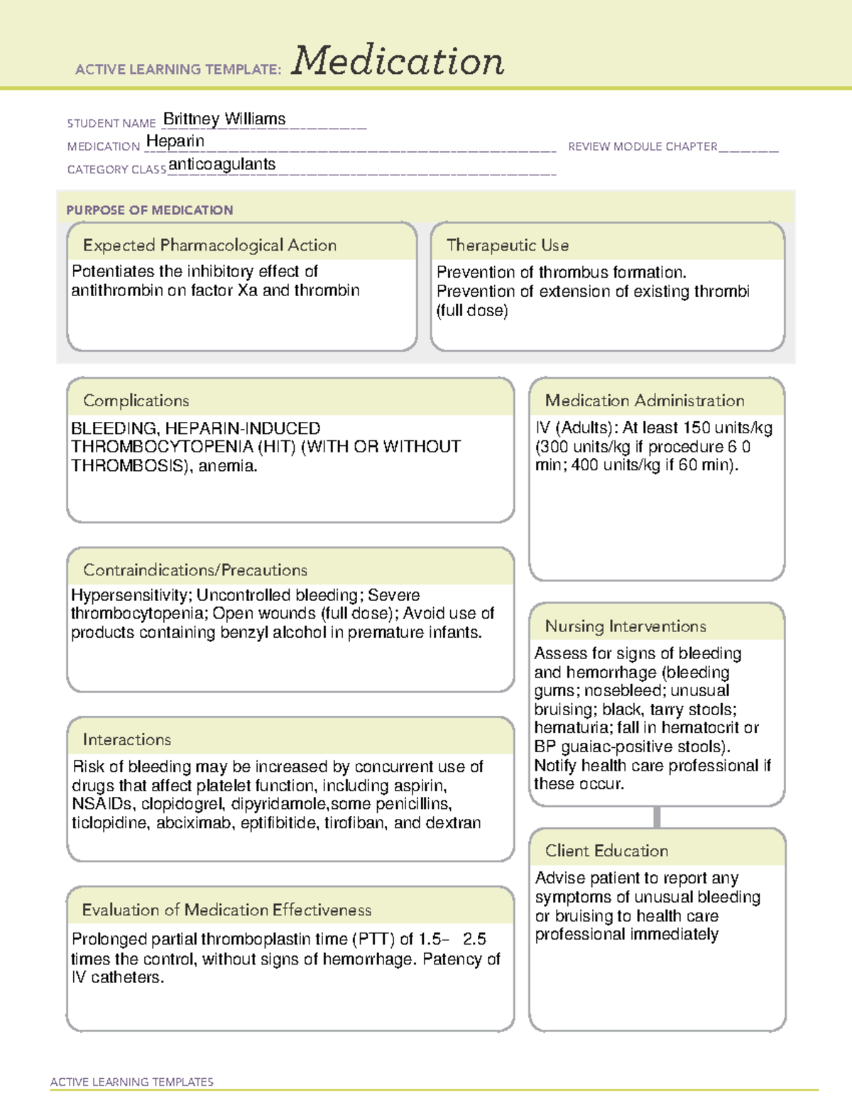 Heparin Medication Active Learning Template for Nursing Students - Studocu