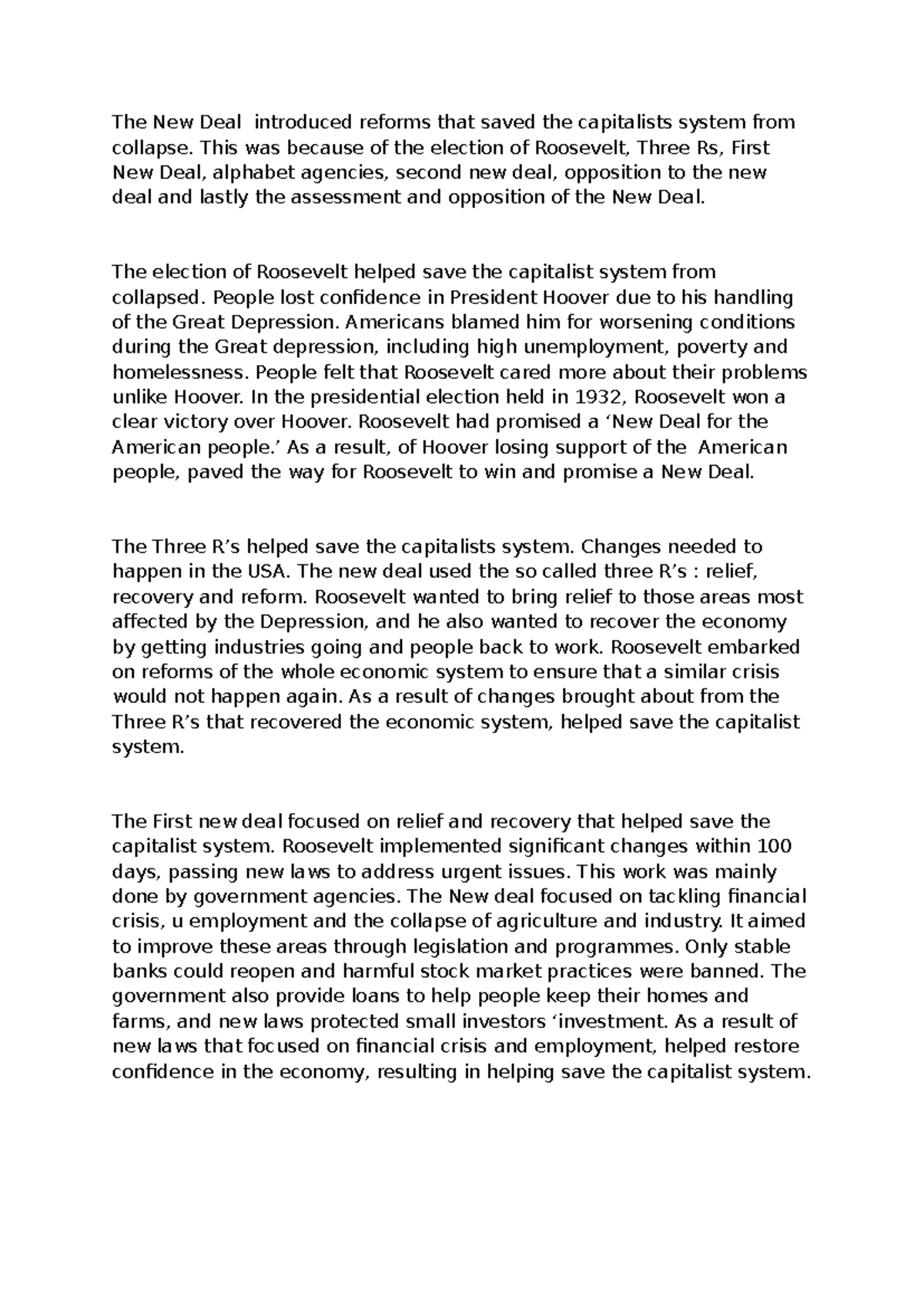 History essay New Deal - The New Deal introduced reforms that saved the ...