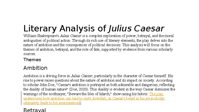 Literary Analysis of Julius Caesar: Themes of Ambition & Betrayal - Studocu