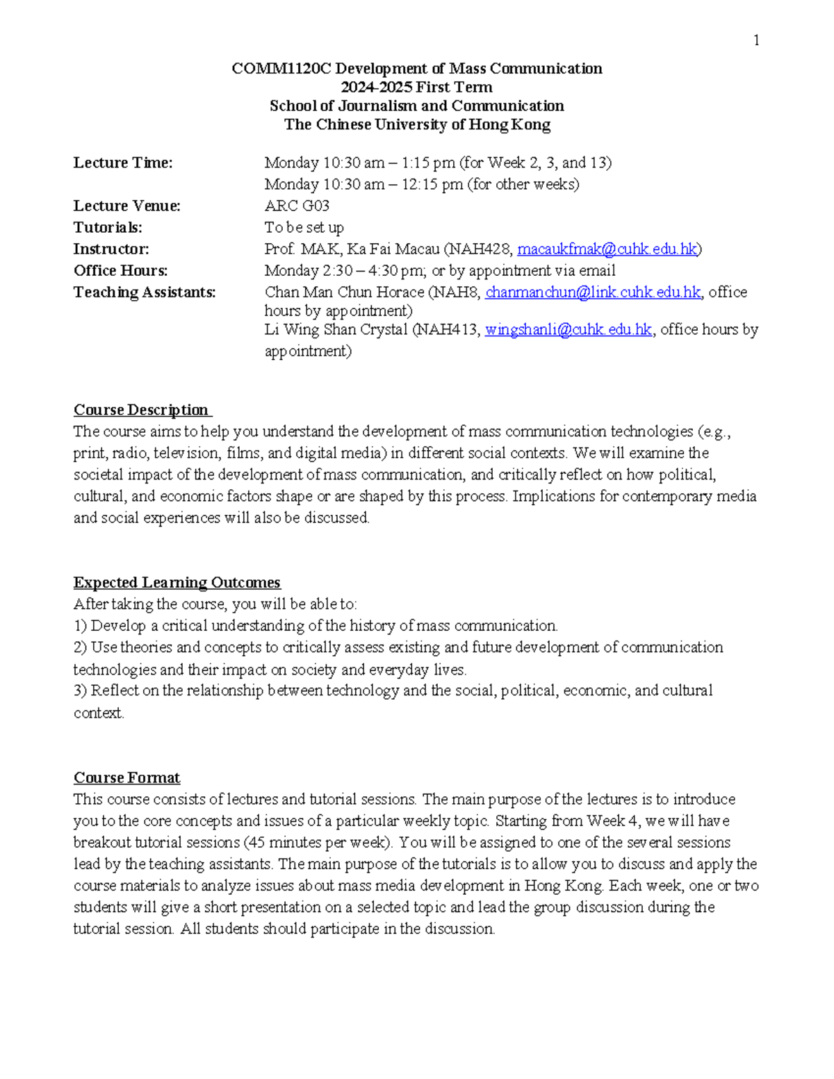 COMM1120 - Mass Communication Development Course Outline (2024 Fall) - Studocu