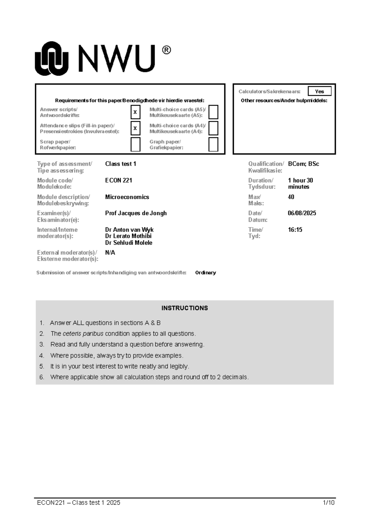 ECON 221 Class Test 1 2025: Microeconomics Requirements and ...