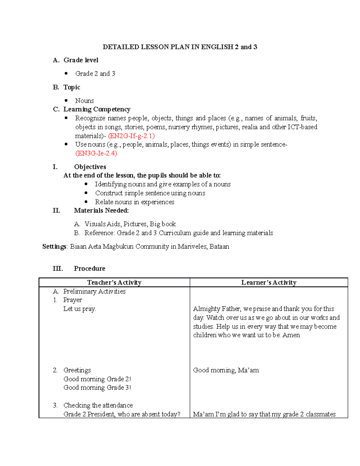 Detailed Lesson Plan for Nouns in Multi-Grade English 2 & 3 - Studocu