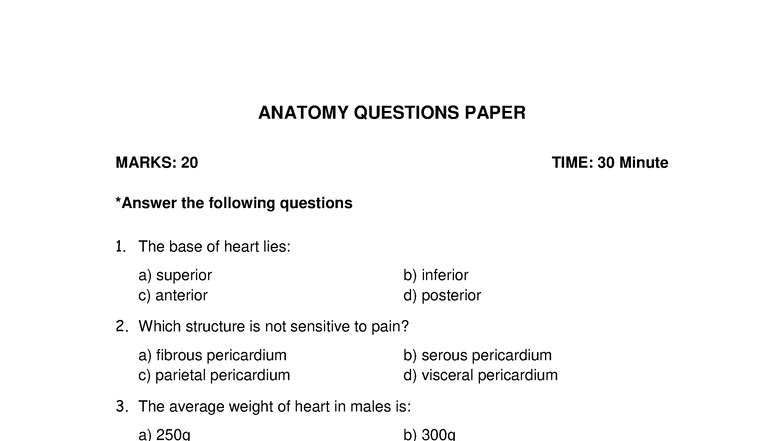 Anatomy Quiz Questions - KMSDVH (Marks: 20, Time: 30 Min) - Studocu