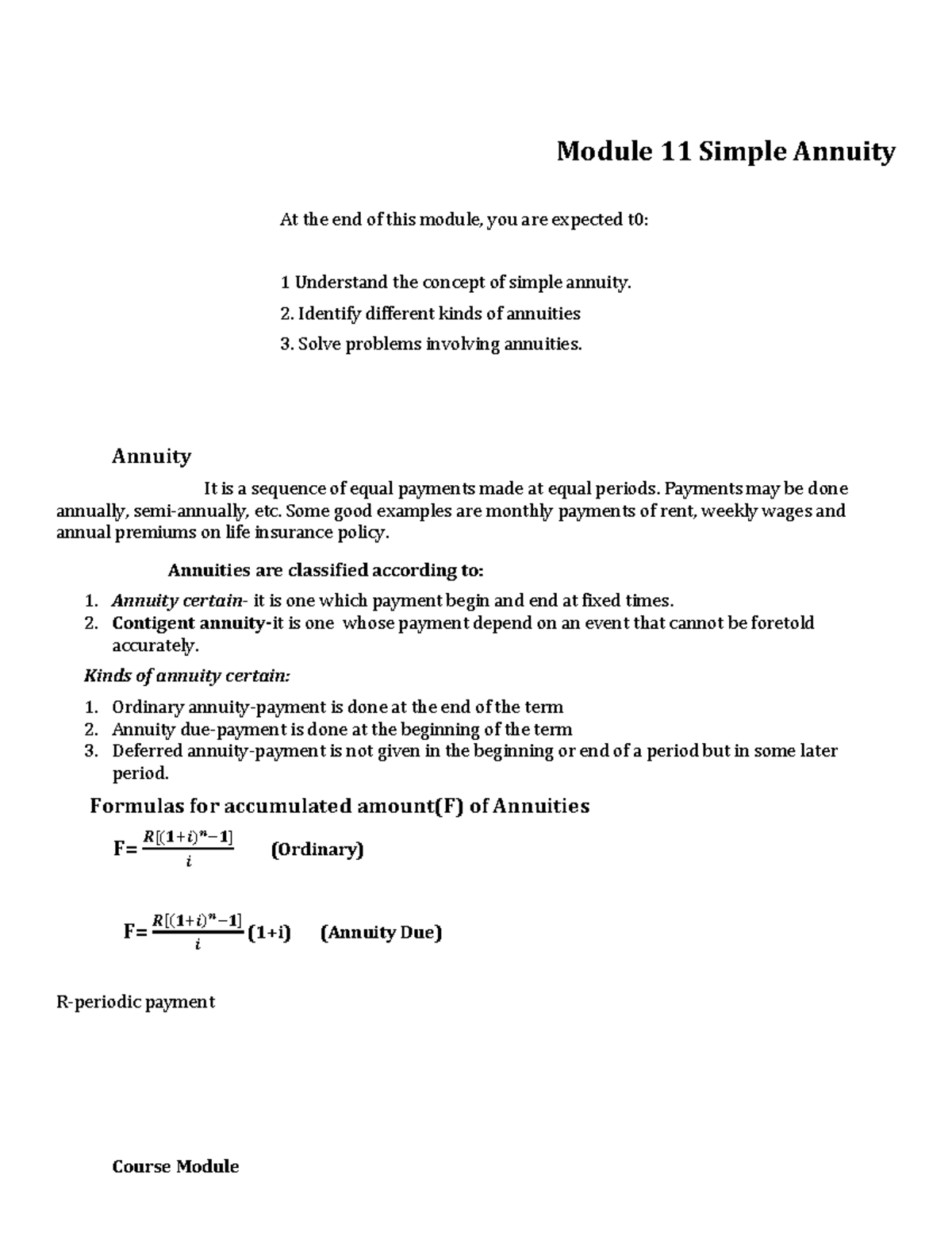 W11-12 Module 011: Understanding Simple Annuities and Their Types - Studocu