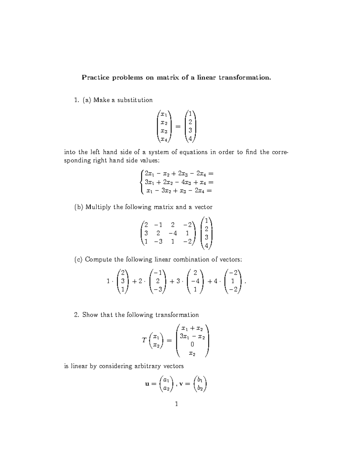 Practice Problems on Matrix of Linear Transformation (MATH 101) - Studocu