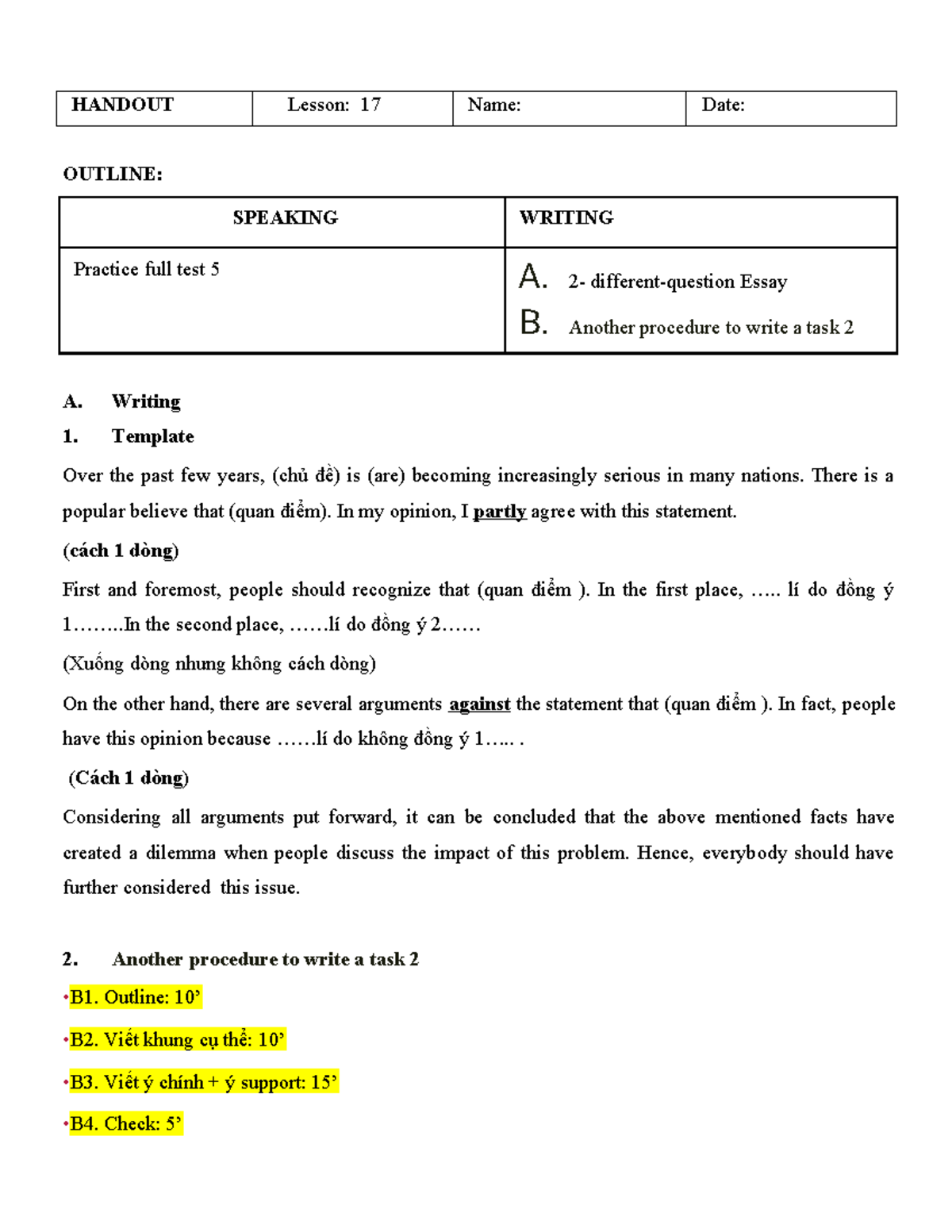 Handout 17: Speaking Practice Full Test 5 - Writing Essay Outline - Studocu