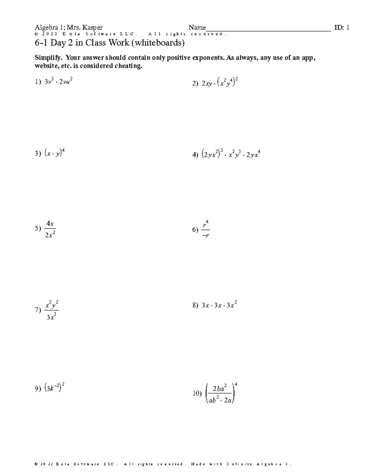 Algebra 6-1 Day 2 Class Work: Simplifying Expressions - Studocu