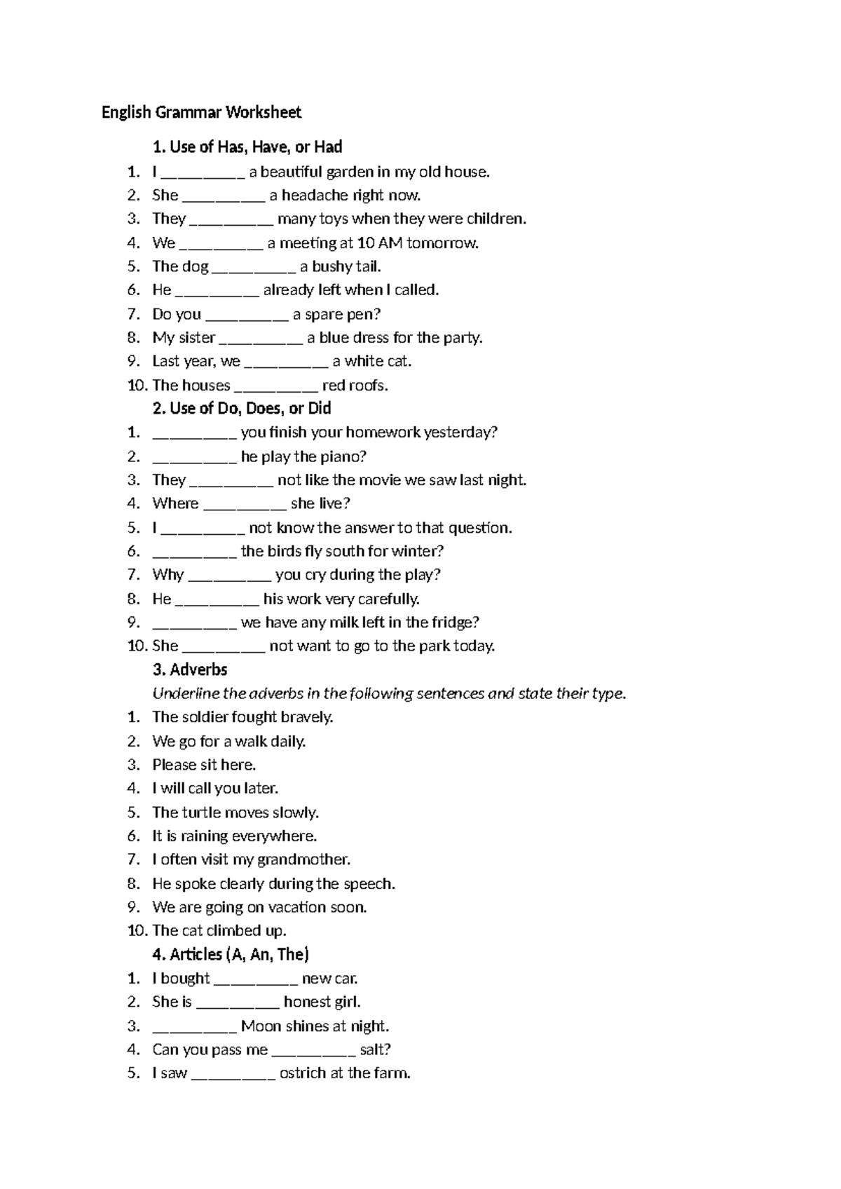 English Grammar Worksheet for Class 3 - January - Studocu