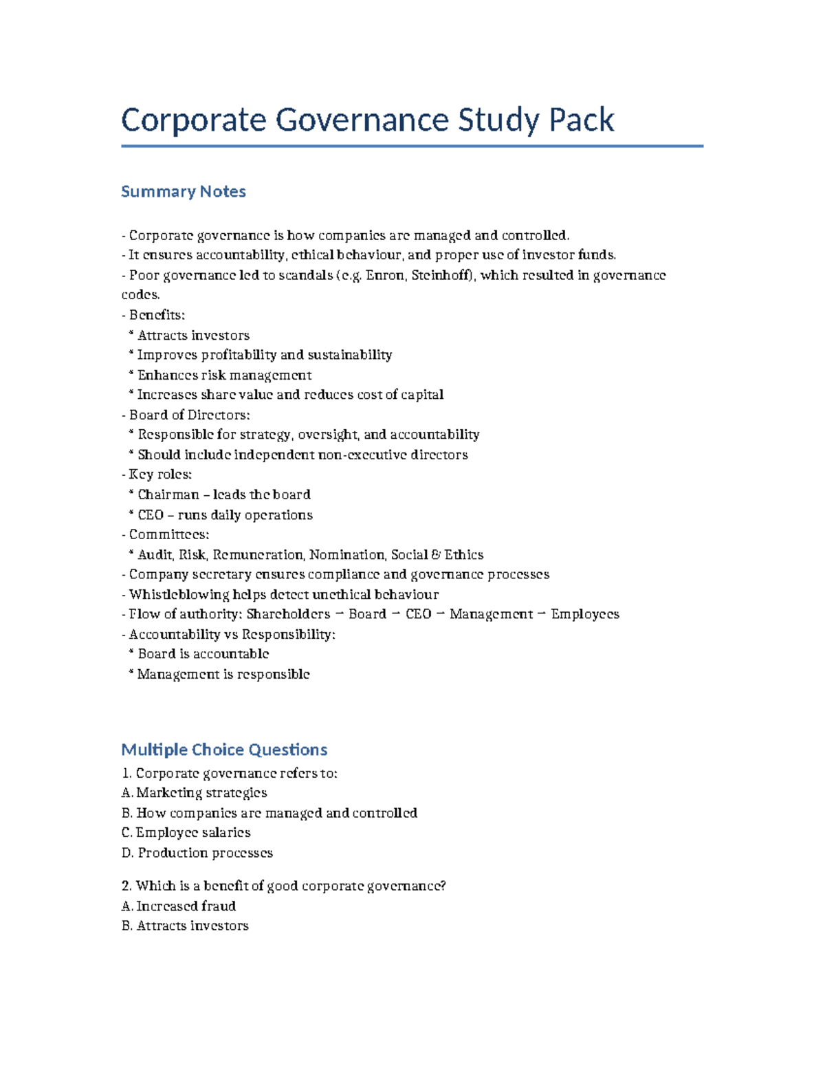 Corporate Governance Study Pack: Summary & Key Concepts - Studocu