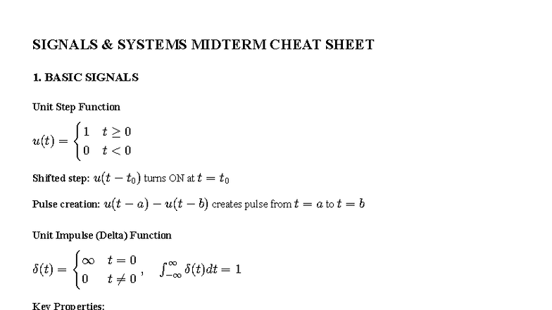 Signals & Systems (EE 101) Midterm Cheat Sheet: Key Concepts & Formulas - Studocu