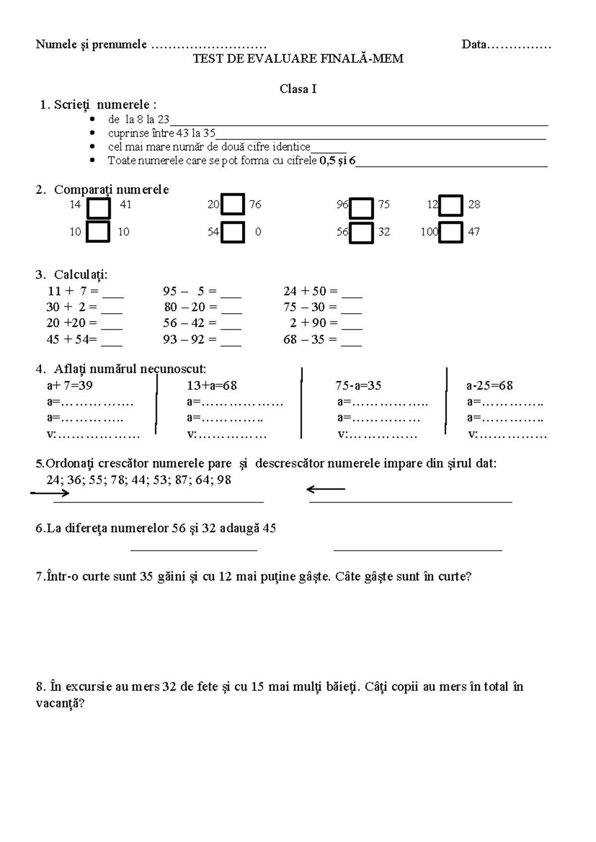 1 evaluare matematica 1 - Numele şi prenumele ...