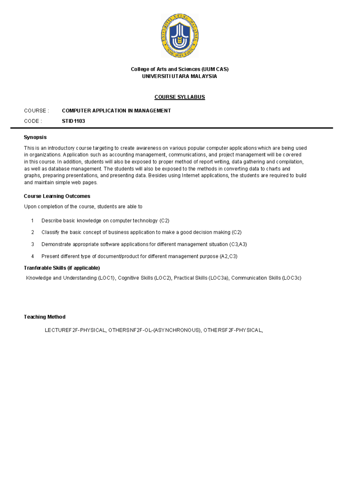 STID1103: Syllabus for Computer Applications in Management Course - Studocu